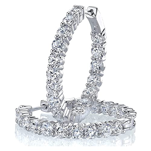 14k White Gold Post Round Brilliant Cut Moissanite Inside-Outside Hoop Earrings In Sterling Silver (1.2 Inch)