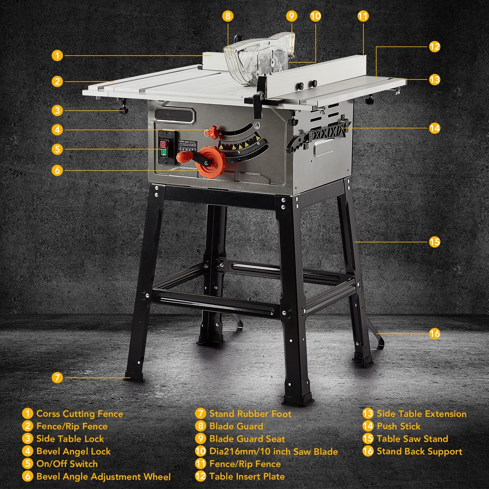 1800W Table Saw 10 inch,15APM Skill Saw With Portable Table Saw Stand,Portable Table Saw for Woodworking,DIY - 5000RPM Cutting Speed,Adjustable Blade Angle and Height