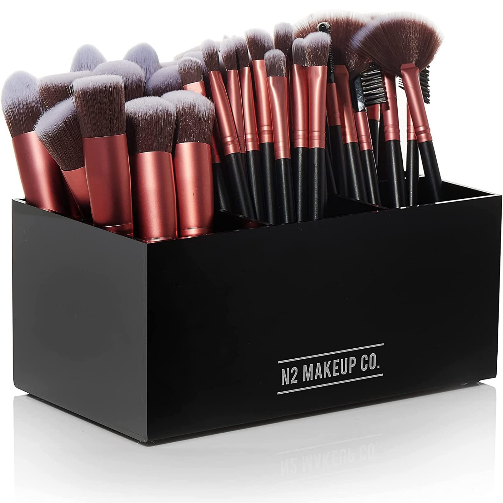 Acrylic Makeup Brush Holder by N2 - Black Makeup Brush Organizer for Vanity - Make up Brush Holder Organizer for Brushes, Pencils, Mascara & Lipstick - Large Brush Holder Makeup Organizer (6 Slots)