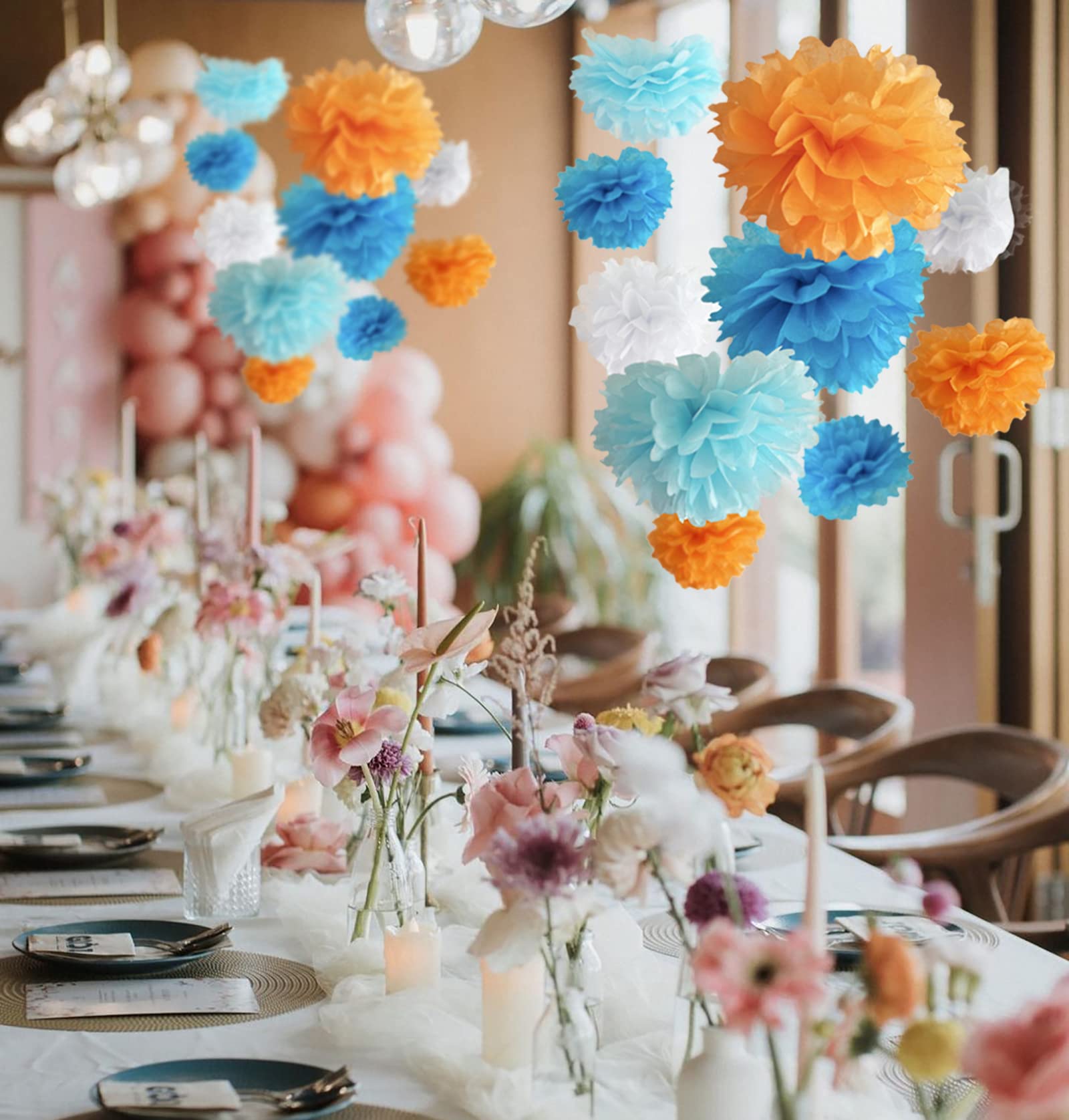 20PCS Acqua Blue,Light Blue,Orange & White Tissue Paper Pom Poms Set-Ideal for Birthday,Bridal Showers,Wedding,Baby Shower Party Decorations (14",10",8",6)