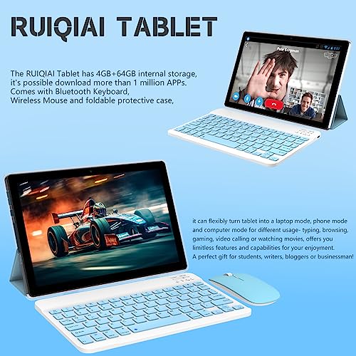 2 in 1 Tablet 10.1 Inch, Android 11.0 Tablet with Keyboard Case, 4GB+64GB ROM/1TB Computer Tablets, Quad Core, HD Touch Screen, Dual Carema, Games, Wi-Fi,BT, Google GMS Certified (Night Blue)