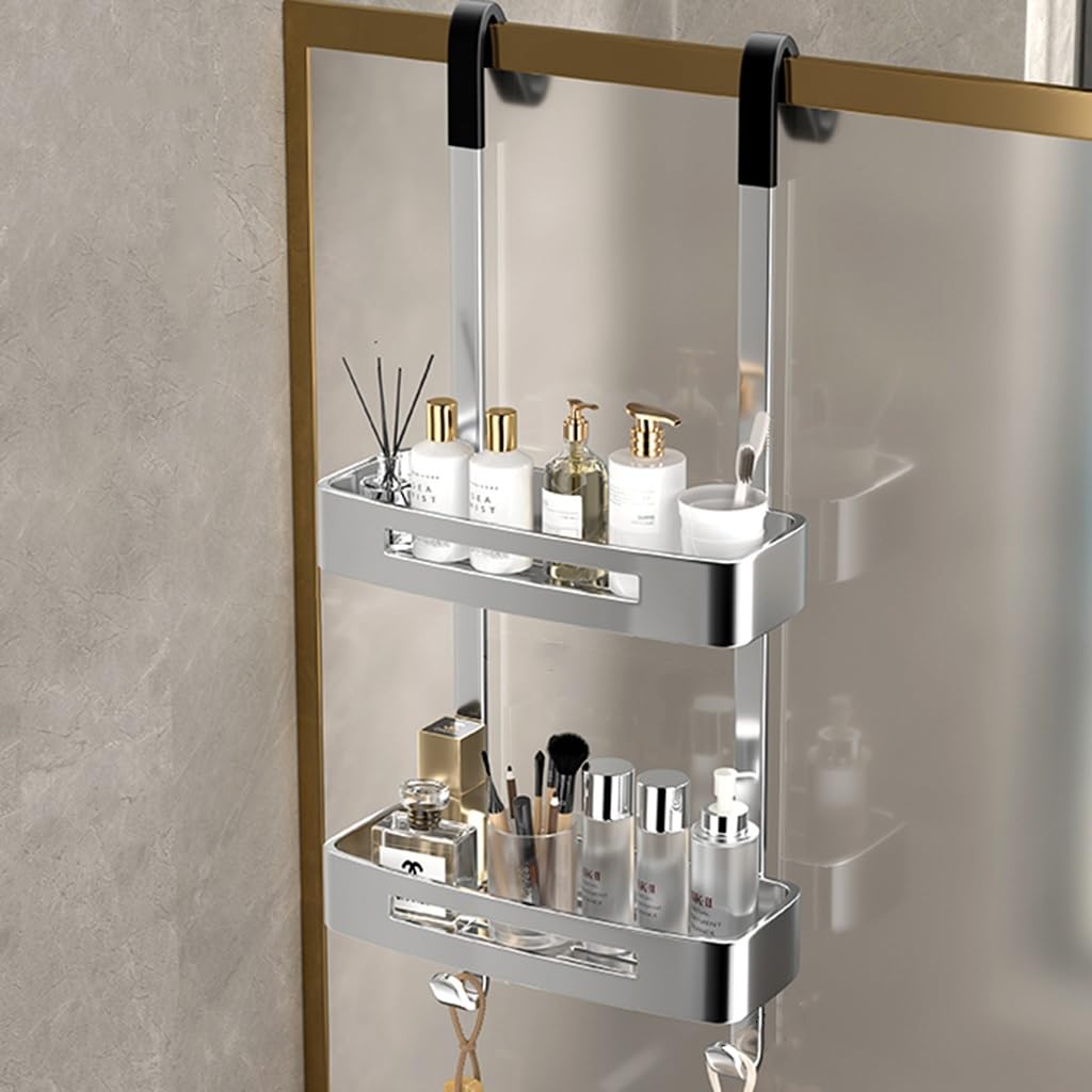 2 tier Over the Door Shower Caddy, Bathroom Door Storage Rack for Inside Shower, No Drilling Hanging Shower Organizer,Adjustable hook (Color : C)