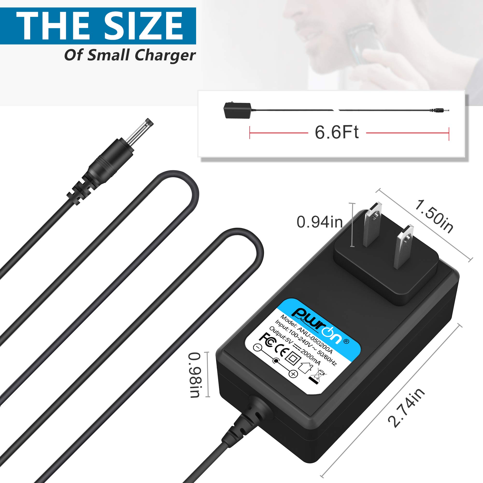 PwrON Power Cord 5V Charger for Remington Shaver PG525 PG6025 PG6060 PG6135 MB2500 Charging Cord Beard Trimmer Power Supply HK28UA-5.0-350 (6.6Ft)