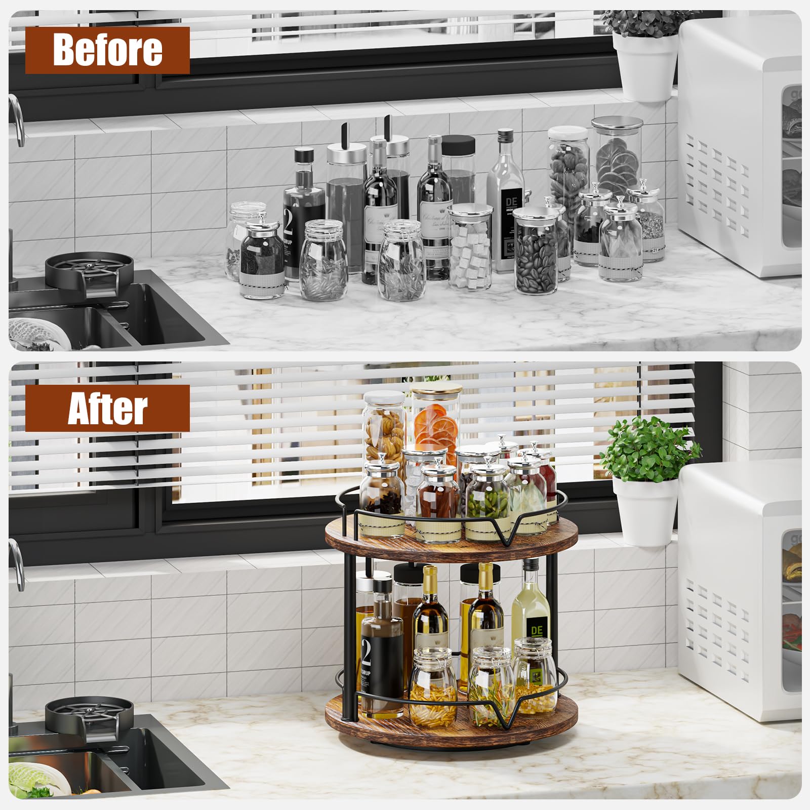 12" Wood Lazy Susan, Rotating Spice Rack, 2 Tier Spice Turntable Organizer, Industrial Turntable Spice Holder, for Kitchen Countertop and Cabinet, Compact and Versatile, Rustic Brown