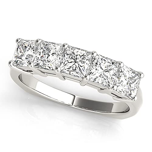2 Carat (ctw) 14K White Gold Princess Cut 5 Stone Ring Diamond Wedding Band Value Collection (I-J Color I1-I2 Clarity)