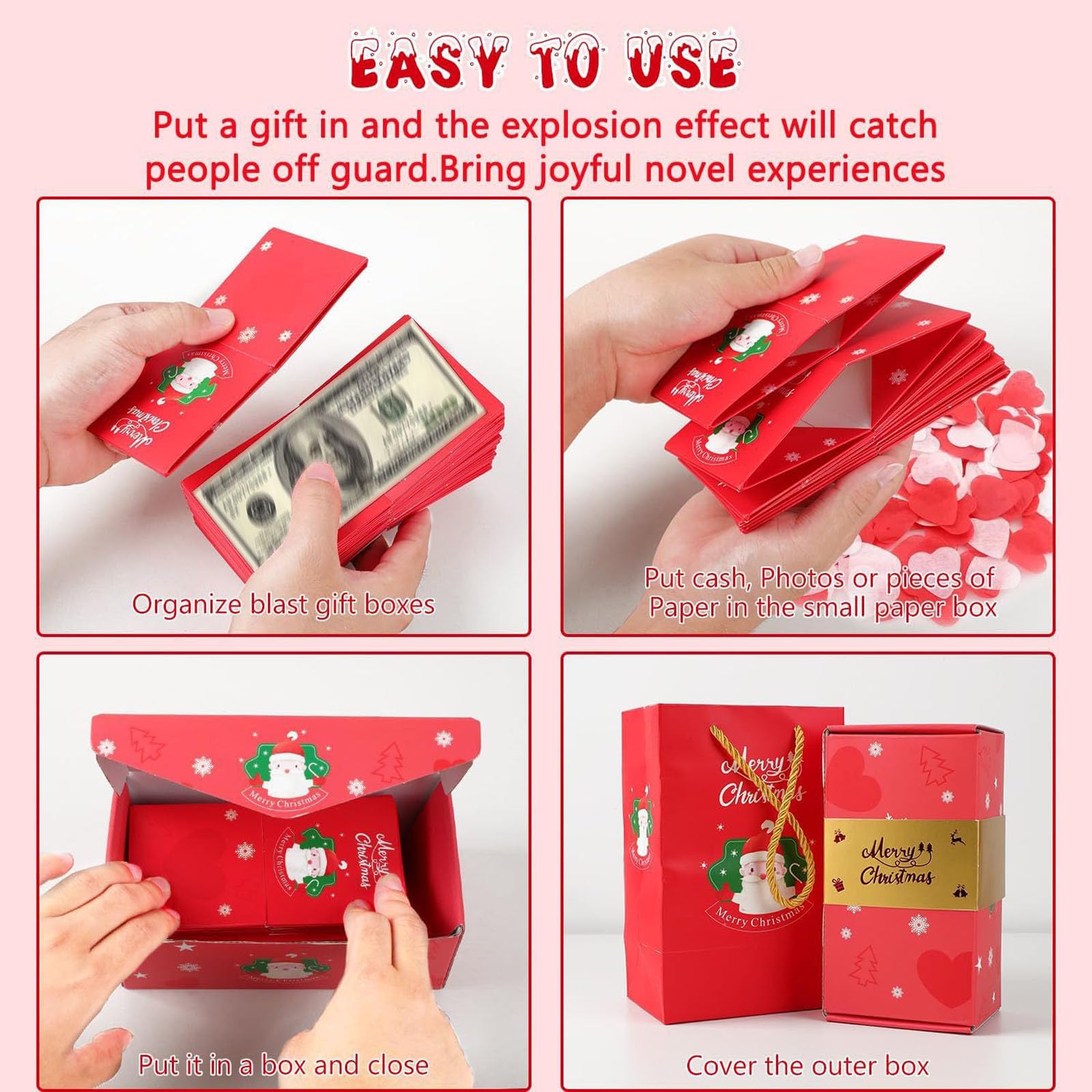 2024 Merry Christmas Surprise Box Gift Box Set, Surprise Gift Boxes, Pop-Up Explosion Boxes for Money and Birthdays, Folding Bouncing Boxes for Christmas (Red, 9PC)