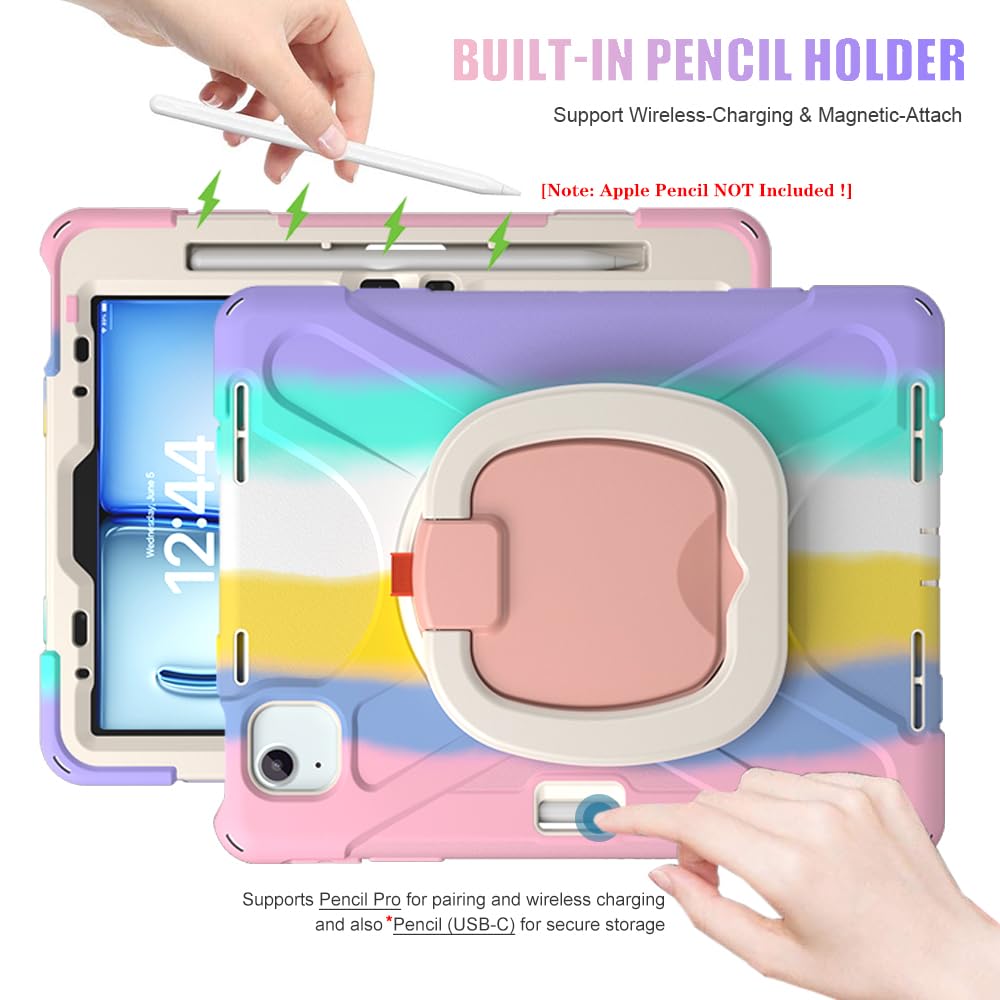 SCSVPN for iPad Air 11 Inch Case 6th Generation 2024 M2 | iPad Air 5th/4th Gen Case 10.9''| iPad Pro 11'' (2022-2018) Protection Kids Cover w/Pencil Holder-Stand-Handle-Shoulder Strap, Colorful Pink