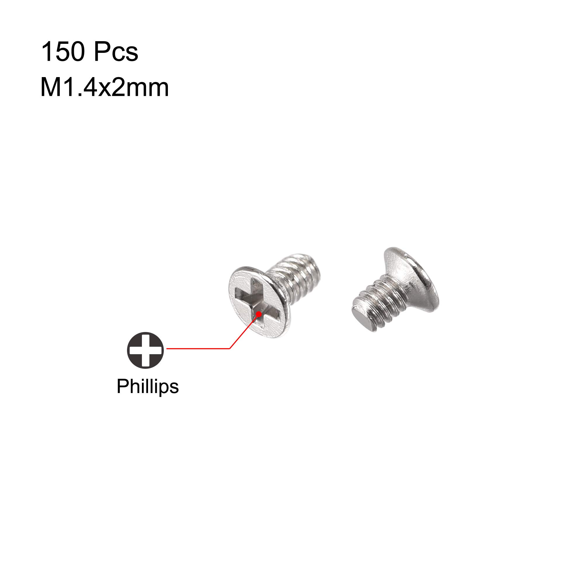 uxcell M1.4 x 2mm Phillips Screw Fastener Silver Tone for Laptop PC TV Fan Switch 150pcs