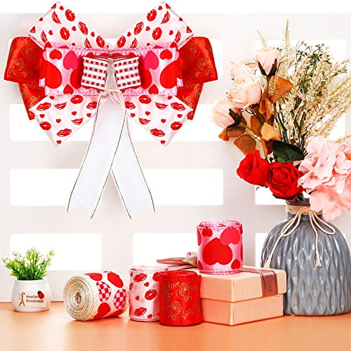 Valentine Wired Edge Ribbon, Hearts Patterned Ribbon, Heart Pattern Ribbon for Wrapping Wreath Flowers Bows, 2.5 Inch x 20 Yards in All (Light-Color Style)
