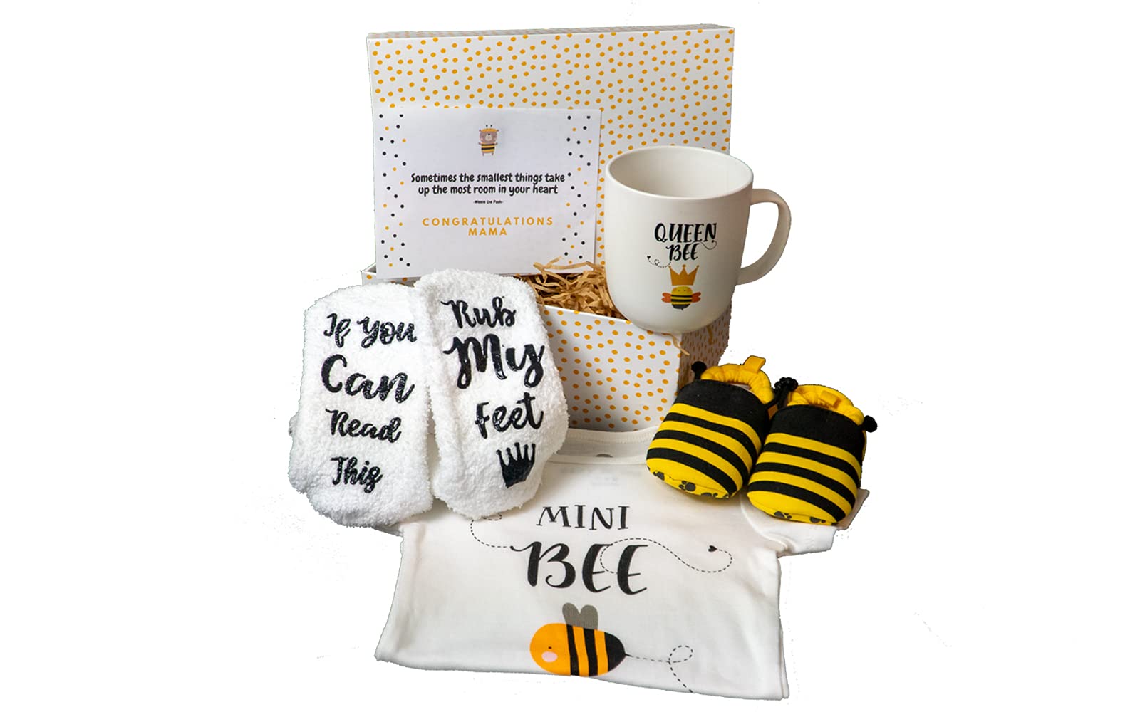 New Mom Gift Basket - Bee Theme Baby Gift Basket - Mommy Care Package, Gender Reveal & Baby Shower Gifts for Mom - Push Present, Pregnancy Gift for Friend, Sister, Daughter or Mother