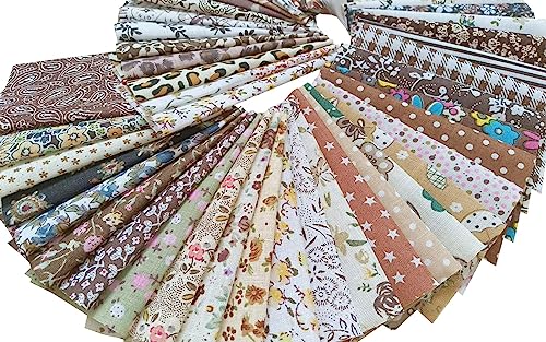 50PCS 4 X4 Inches Different Patterns Brown Cotton Craft Printed Fabric DIY Handmade Material Set Bundle Patchwork Squares for Home Crafts Sewing Scrapbooking Quilting