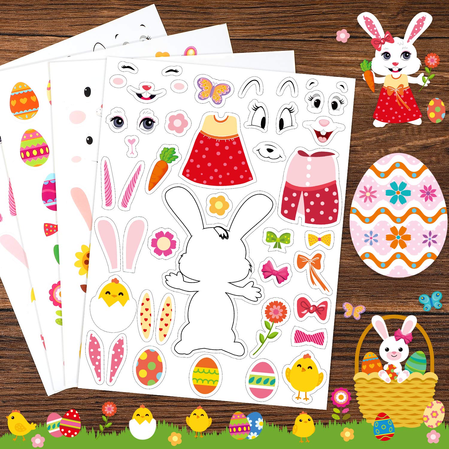 24 Easter Stickers Kids Crafts Make-A-Bunny Stickers, Rabbits Eggs Baskets Sticker Game Easter Stickers for Easter Theme Party Decoration Supplies Favors Fun Craft Project