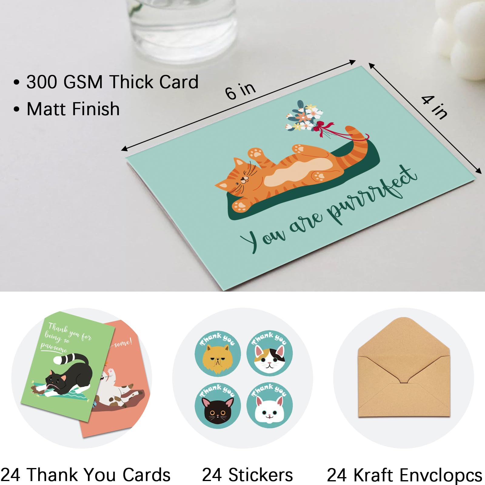 24 Funny Cats Thank You Cards With Envelopes & Stickers, Assorted Cats Pun Appreciation Cards for Kids Business Employee, Cute Cat Bulk Note Cards Stationery Box Set