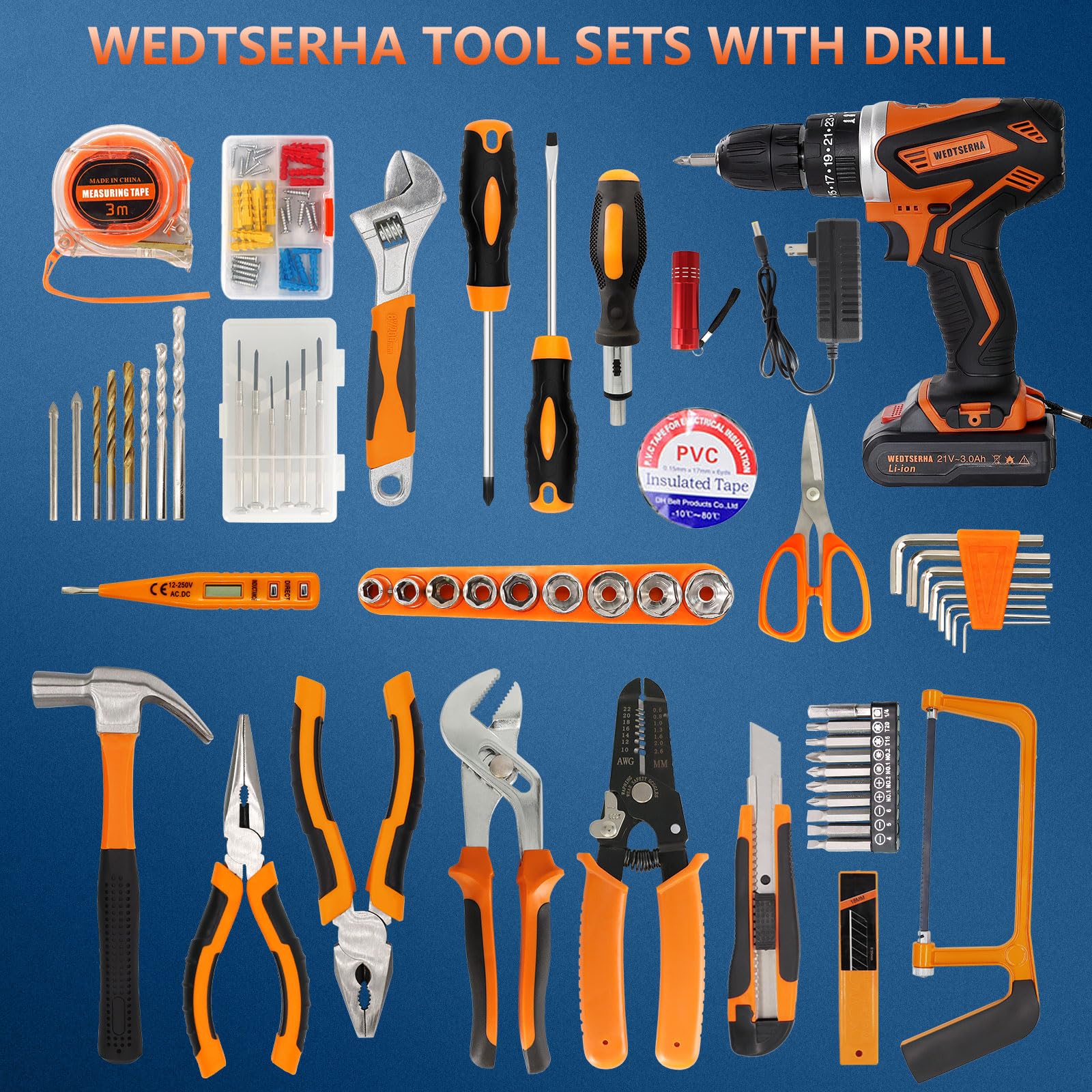 21V Cordless power drill bit&tool kit set,3/8"Keyless Chuck,25+1Clutch,Dual 2Variable speed settings:0-1500 RPM,1.5Ah Li-Ion Battery 3000mAh Rechargeable Used3~5H,life ​260times for Home tools box