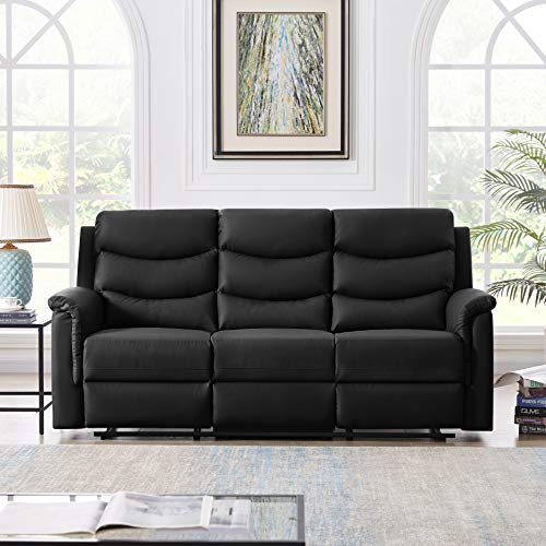 3 Seaters Manual Wall Hugger Chair RV Sofa, Faxu Leather Double Reclining Sectional Loveseat Couch with Fold-Down Table 2 Cup Holders & Pillow Top Armrest for Living Room/Apartment/Office/Theater