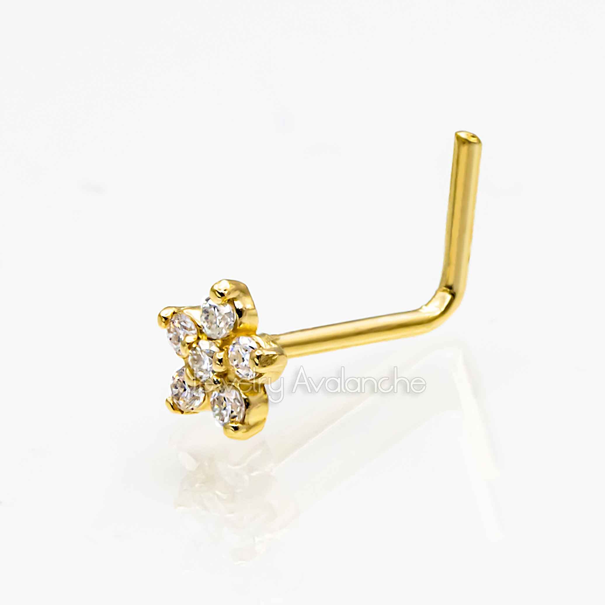 14K Yellow Gold 20G L-shape Flower Nose Stud with 0.05ct Moissanite Gemstones - April Birthstone Nose Ring - FLMNT-LSYG