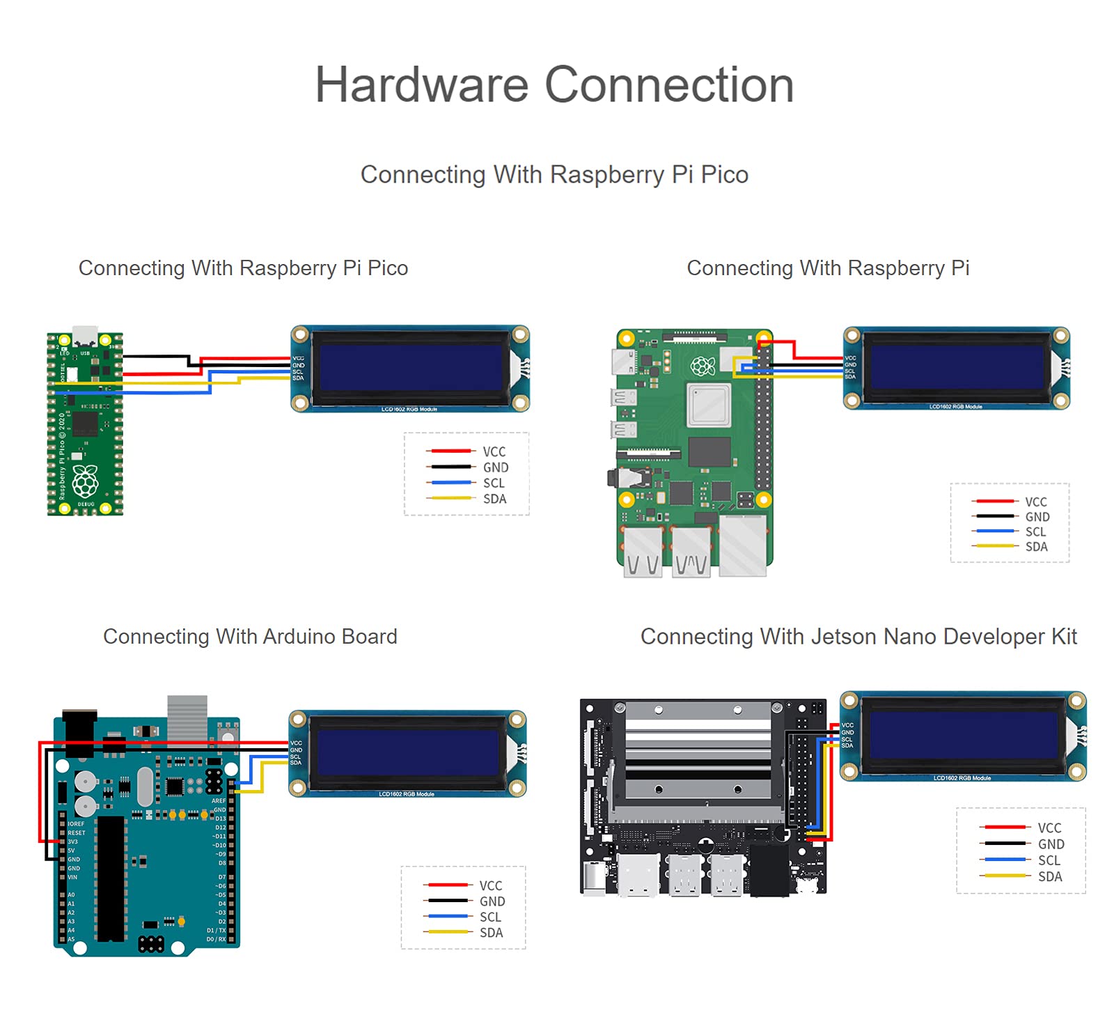 waveshare 1602 LCD Display RGB Module 16x2 Characters 16M Colors RGB Backlight LCD Module, 3.3V/5V Compatible, I2C Bus, for Raspberry Pi/Pi Pico, Jetson Nano Arduino