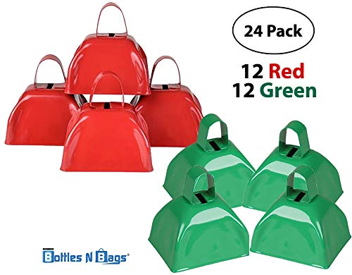 24 Holiday Cowbell Instruments - 12 Red and 12 Green Metal Cowbells with Handles For Christmas Photos, Parties - 3" Size