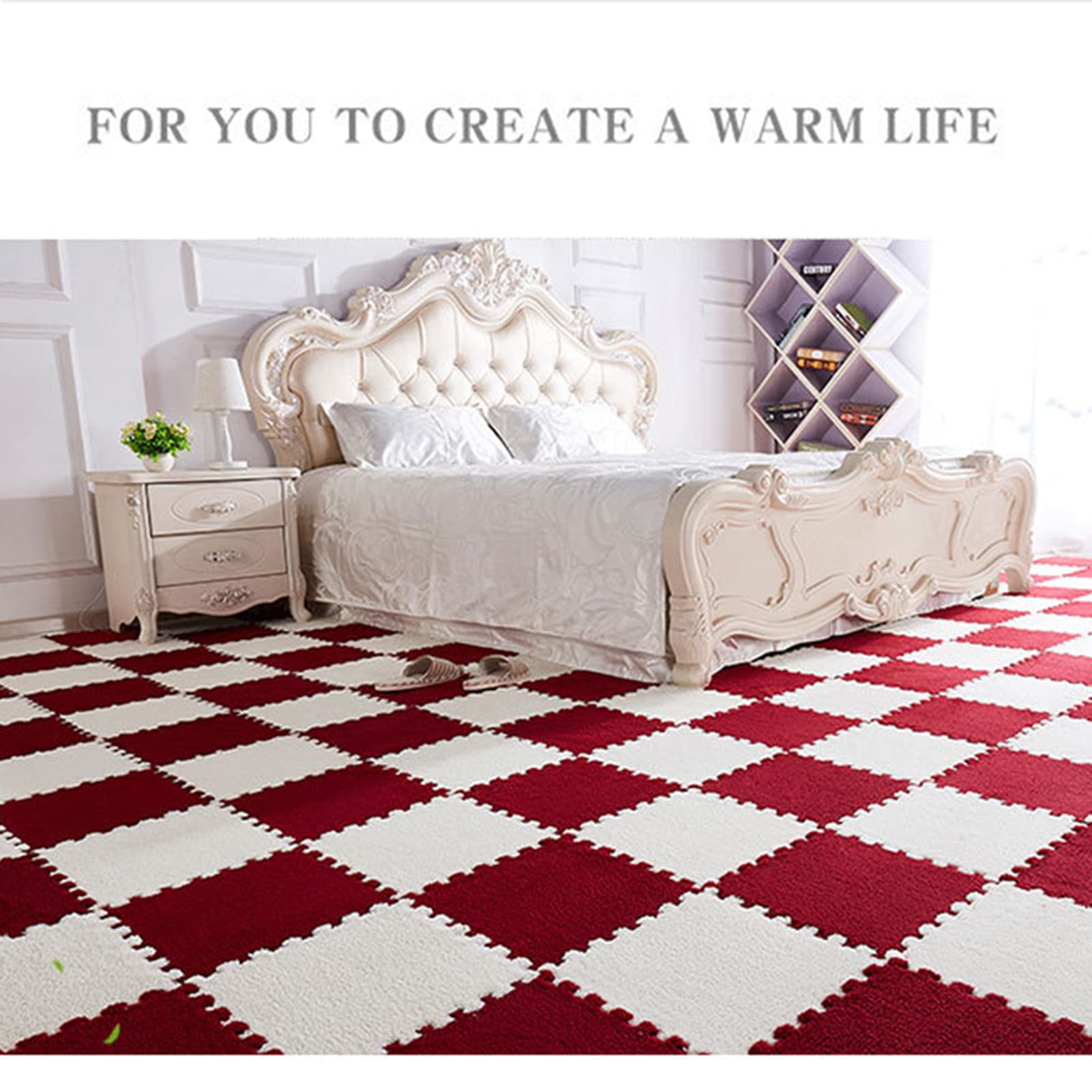 16 Pcs Soft Interlocking Carpet Tiles with Border, Plush Foam Square Floor Mats Set, 11.8 X 11.8 Inch Fluffy Puzzle Area Rugs,1cm Thick(Color:Khaki+Brown)