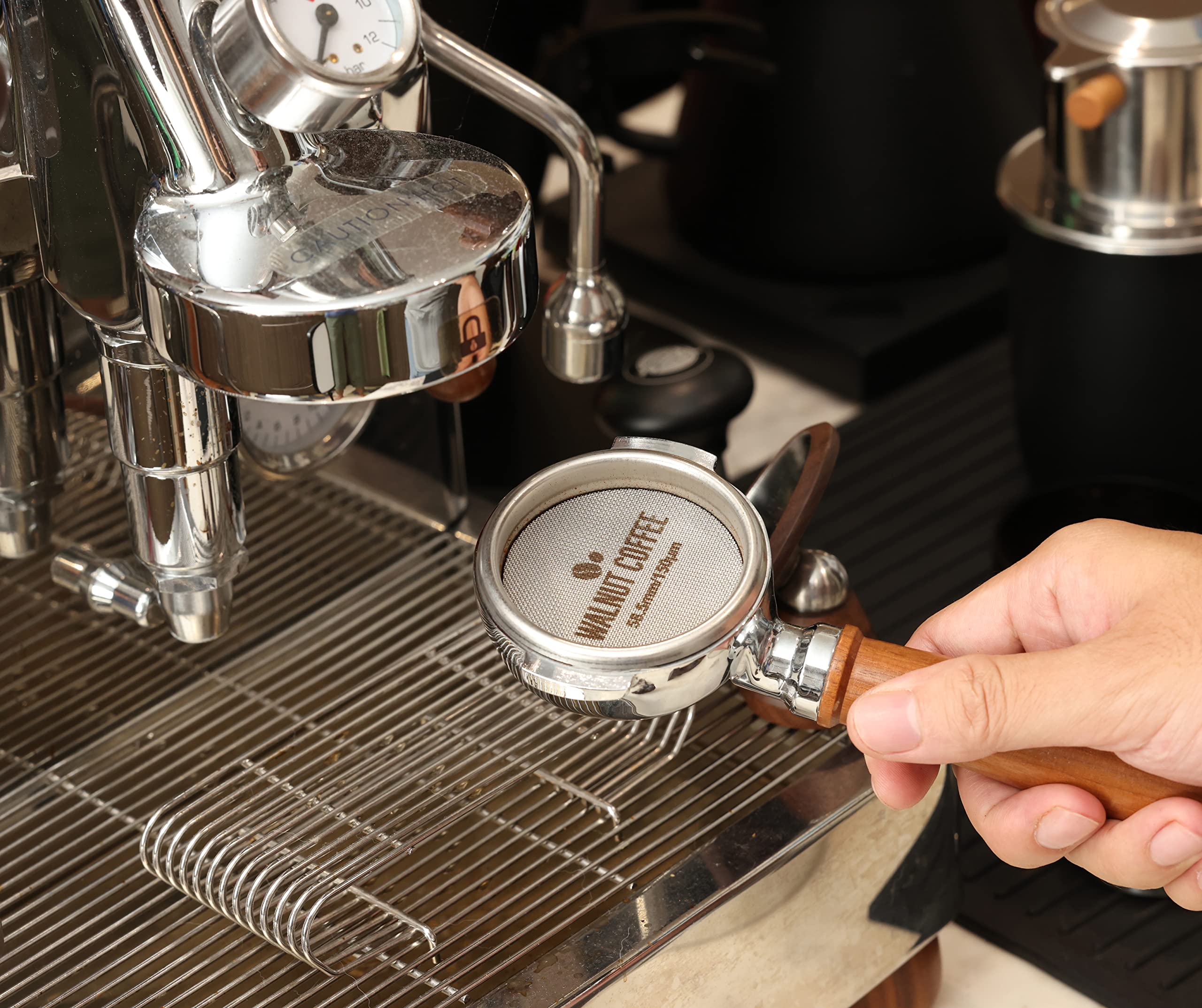 2Packs 58.5mm Espresso Puck Screen | Handmade Walnut Stand | 1.7mm Thickness 150μm 316 Stainless Steel