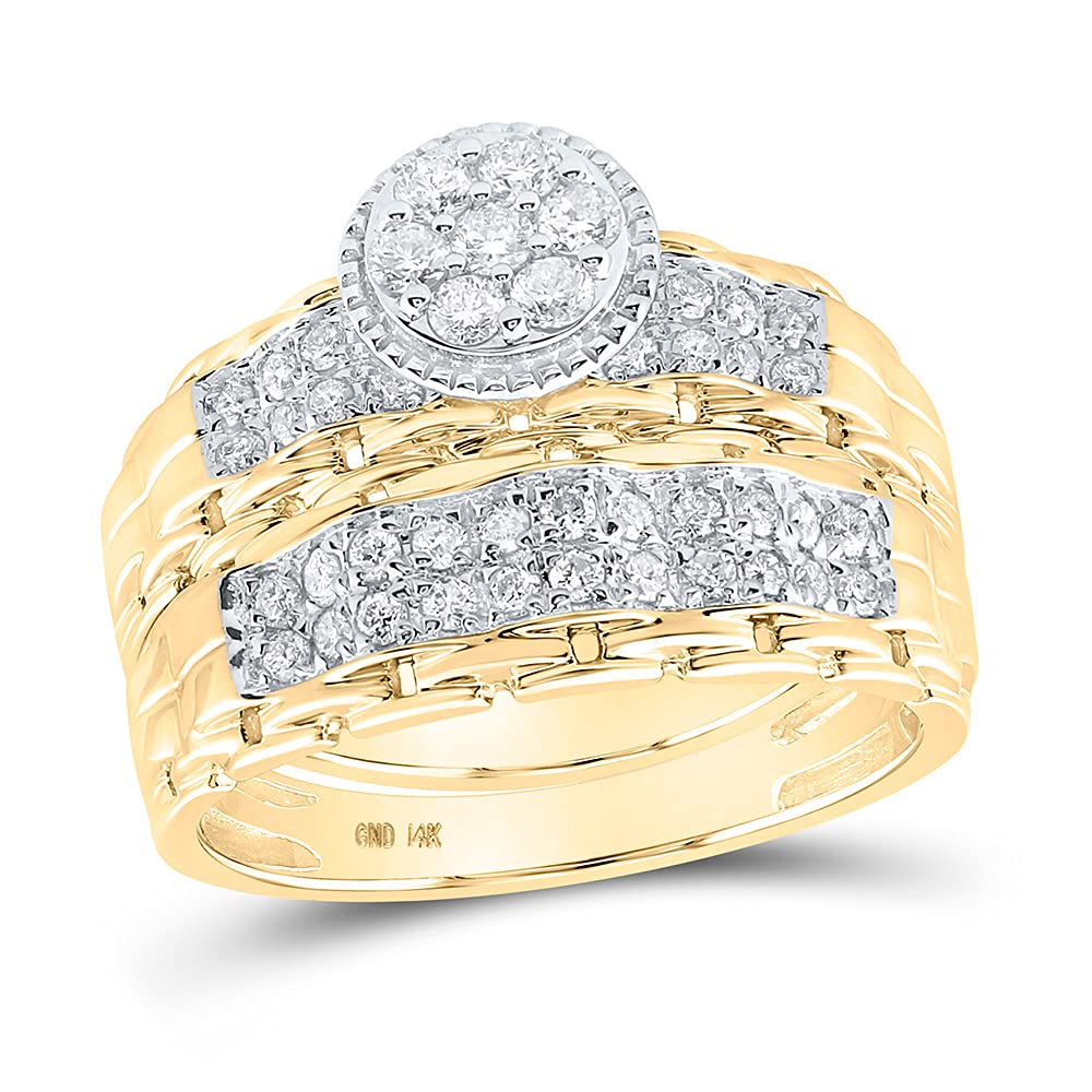 14kt Yellow Gold His Hers Round Diamond Cluster Matching Wedding Set 1 Cttw Womens Size 9.5 Mens Size 10