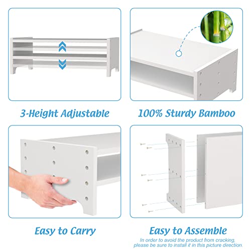 Monitor Stand Riser with Storage Organizer Bamboo 3-Height Adjustment 16.7 inch Desktop Monitor Stand for Office and Home Use (White)