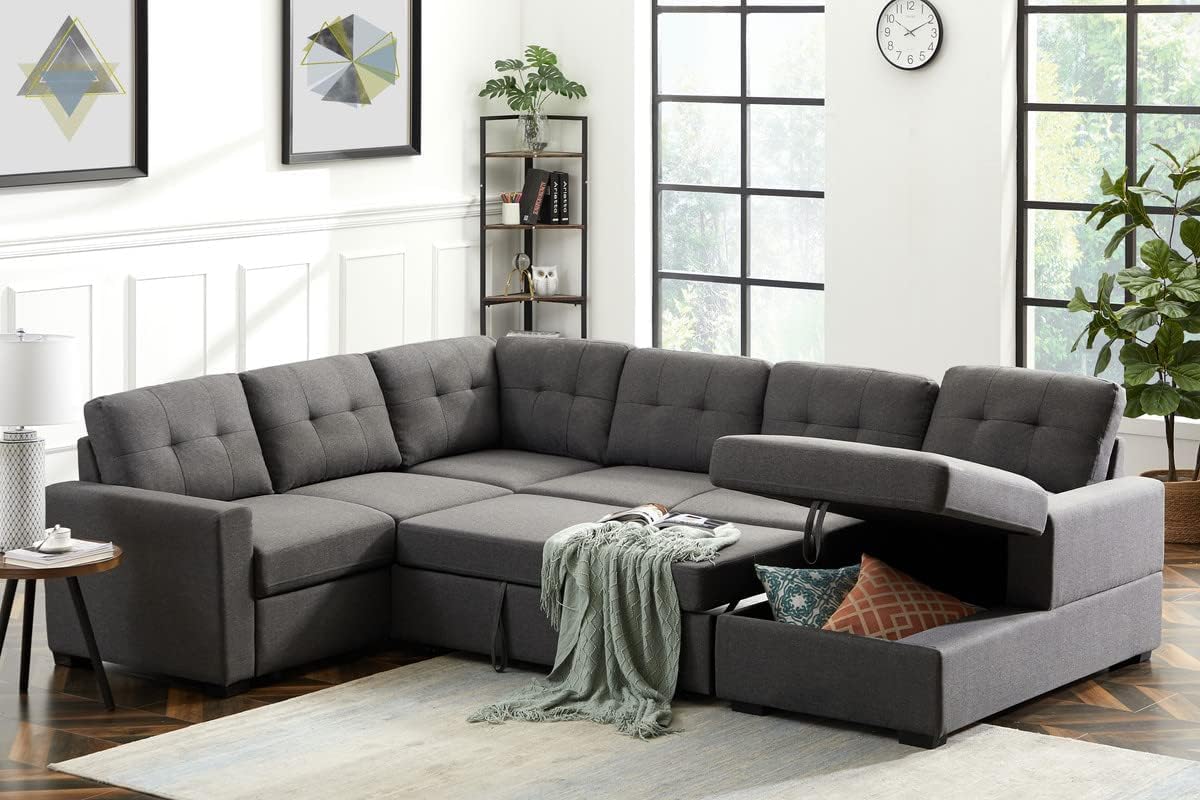 114" U-Shaped Tufted Upholstered Sleeper Sectional Sofa W/Pull Out Couch Bed and Left Storage Chaise, 6 Seaters Corner Sofa & Couch Convertible Oversized Sleep Sofabed for Home Apartment Living Room