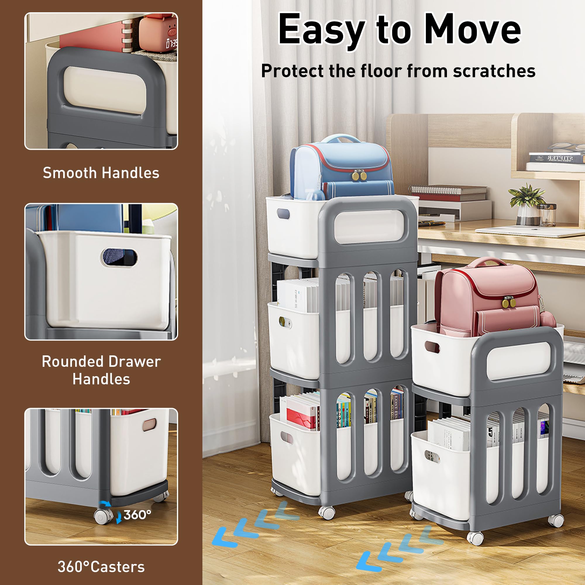 3-Drawer Storage Organizer Rolling Cart, 34β Tall Easy to Assemble Bathroom Organizers and Storage with Wheels, Vertical Storage Organizer Unit for Kitchen Bedroom Dorm Classroom Office