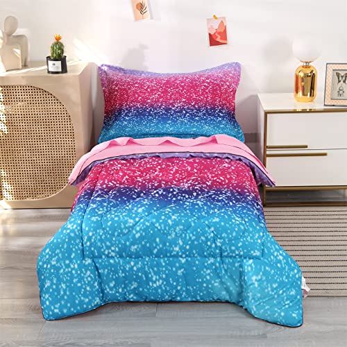 Wowelife 4 Piece Galaxy Toddler Bedding Sets Star Toddler Comforter Sets Pink Blue for Girls and Boys Gradient Glitter Comforter Sheet Set with Comforter, Fitted Sheet, Flat Sheet and Pillowcase