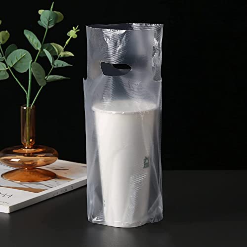 300PCS Clear Handle Drink Drinking Poly Plastic Packaging Bags,Drink Carrier, for Delivery Take Out Cup Holder Bar Restaurant Coffee Shop Supplies Cup Carriers