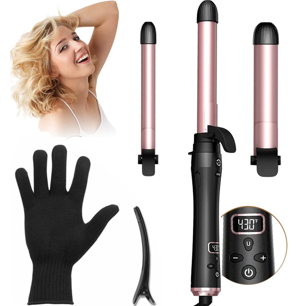 3-in-1 Automatic Curling Iron,Rotating Hair Styling Curler with LCD Temperature Display,with 3 Interchangeable Tourmaline Ceramic Tubes(3/4, 1", 1.25") Switch at Will for Instant Heat