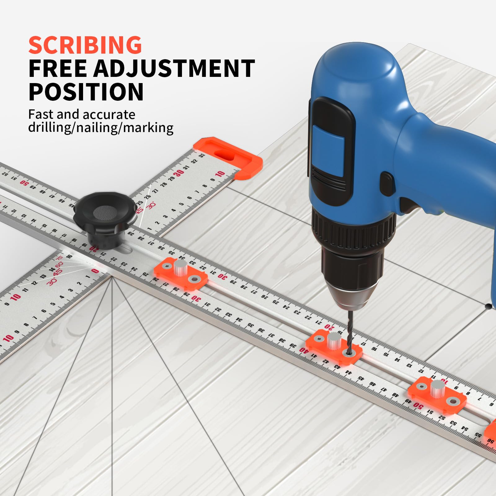 2024 Newest Adjustable 2-in-1 Drilling Positioning Ruler, Cabinet Hardware Jig,T Square Ruler Cabinet Handle Jig, Woodworking Ruler, Cabinet Drawer Door Hole Drilling Template (25inch)