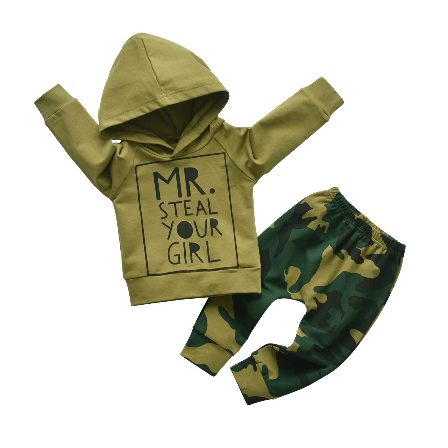 Eghunooy Toddler Infant Baby Boy Clothes Mr. Steal Your Girl Printed Hoodie Tops Sweatsuit Camouflage Pants Outfit Set (3-6 Months)