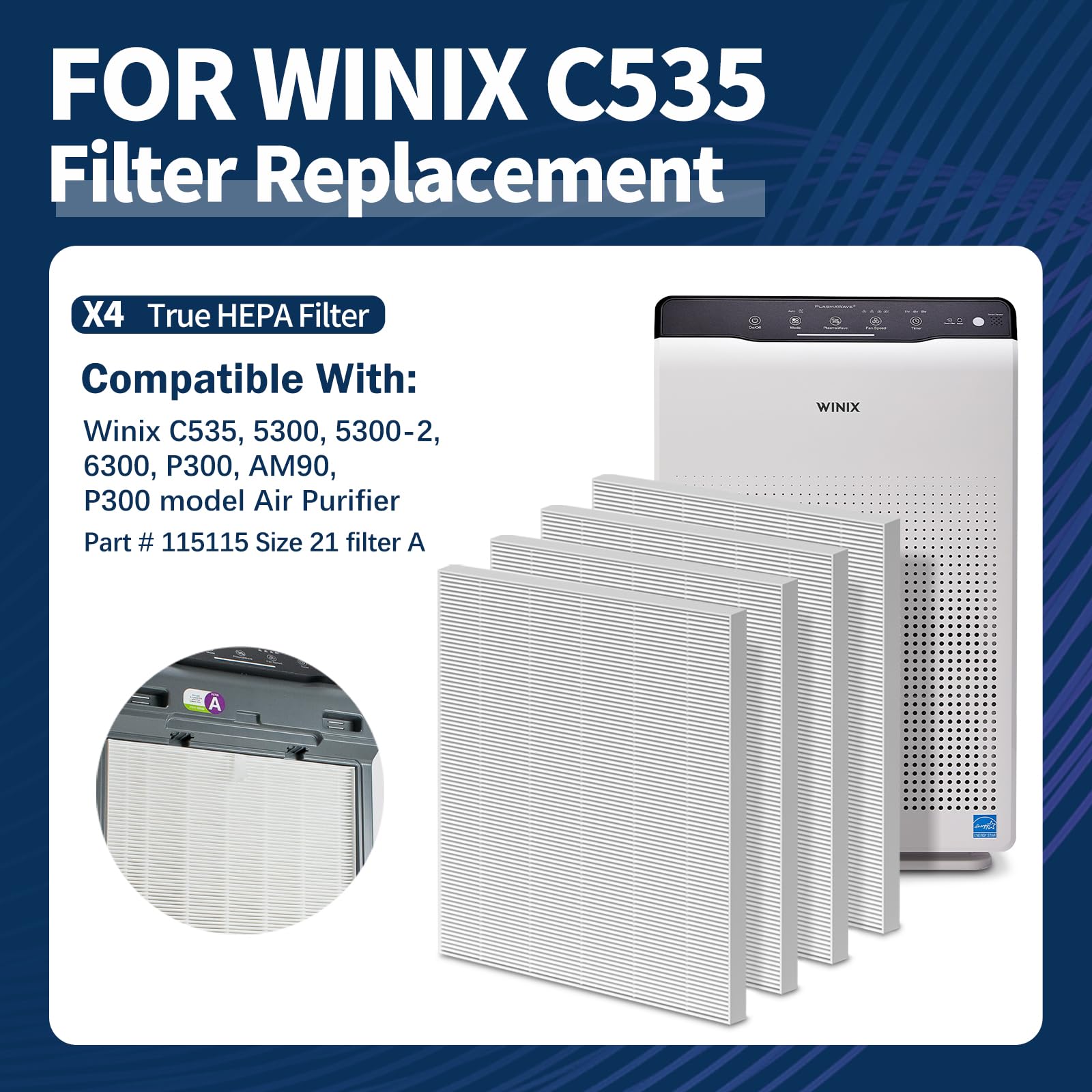 115115 HEPA Replacement Filter A Size 21 Compatible with Winix PlasmaWave C535 5300 5300-2 6300 6300-2 P300 AM90 9000 5000 5000B C909 9800 Air Purifier, 4 Pack