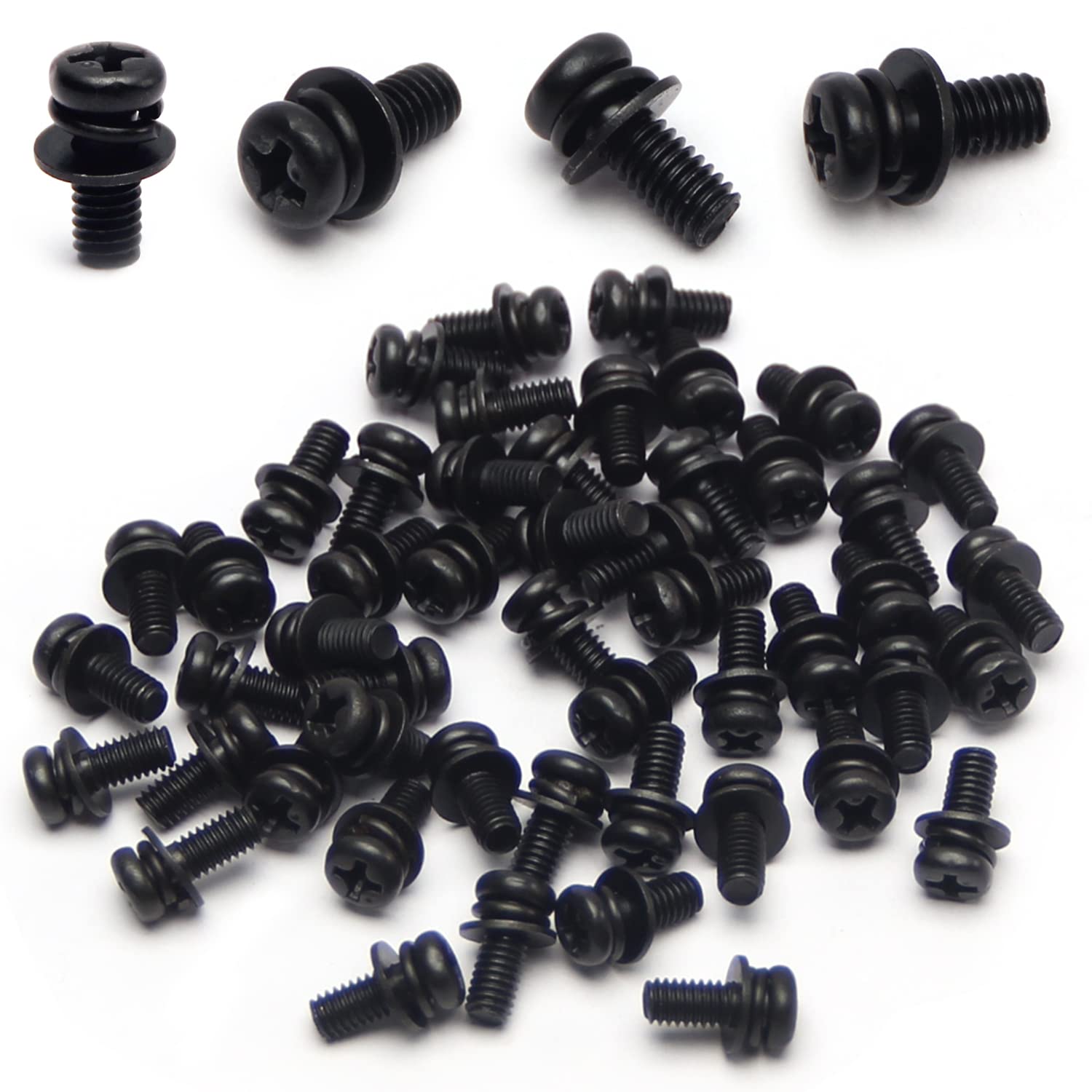 Yinpecly M4 x 10mm Carbon Steel Machine Screws Phillips Pan Head Bolts Combine with Plain Washers Spring Washer Black Tone 50pcs