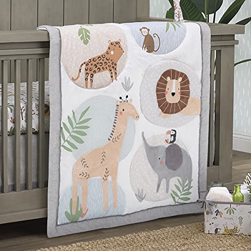 NoJo Jungle Trails Grey, Green and Gold Elephant, Lion and Giraffe 4 Piece Nursery Crib Bedding Set - Comforter, 100% Cotton Fitted Crib Sheet, Crib Skirt, and Storage