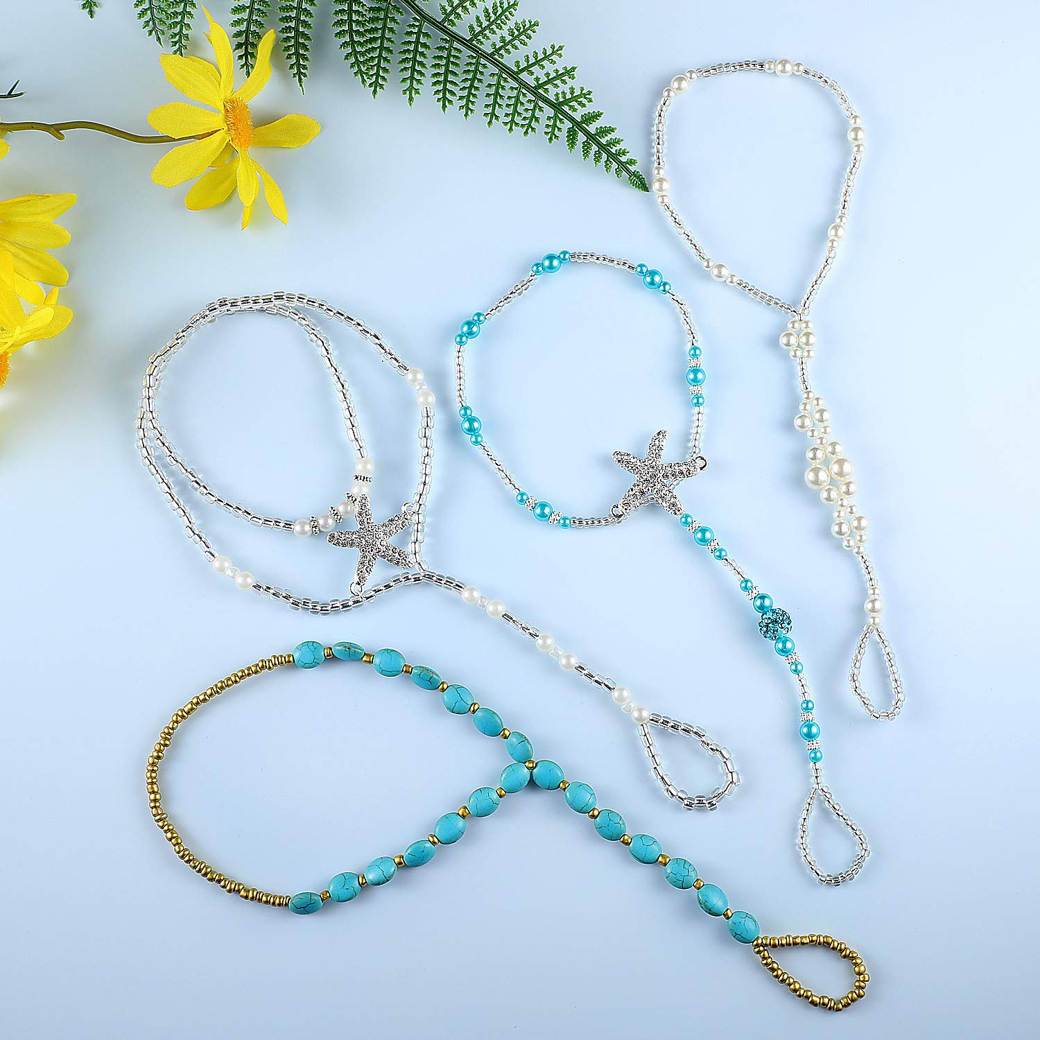 4 Pairs Beach Barefoot Sandals for Women Girls Foot Jewelry Starfish Pearls Turquoise Beaded Elastic