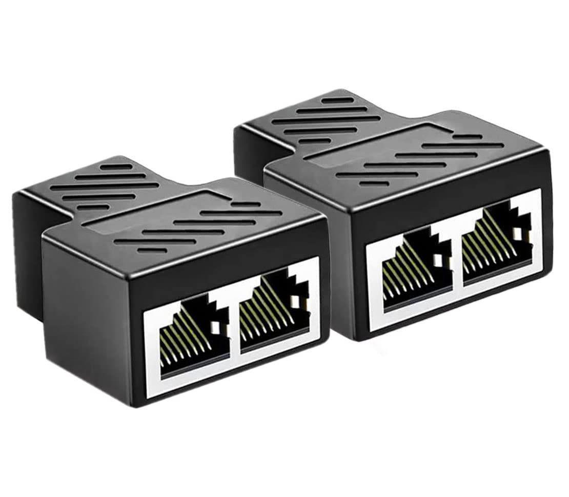 RJ45 Ethernet Splitter Adapter, 2 Pack 1 to 2 Ethernet Splitter 8P8C Socket Extender to Connect to LAN Network Internet Splitter Adapter, for Cat5, 5e, Cat6, Cat7, Black