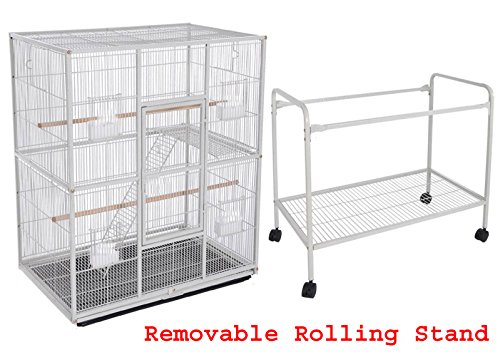 Large Wrought Iron 3 Levels Ferret Chinchilla Sugar Glider Small Animal Cage with 1/2" Wire Cross Shelves & Ladders with Removable Rolling Stand *White Vein*