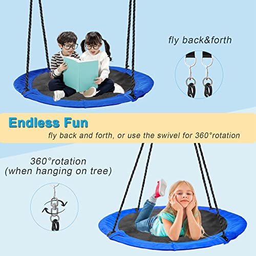 43β Saucer Tree Swing,700lbs Weight Capacity,Waterproof Textilene 360 Degree Rotation w/ 1 Swivel,2 Adjustable Ropes&2 Hanging Straps,Easy to Install,for Kids Adults Backyard,Playground(Blue)