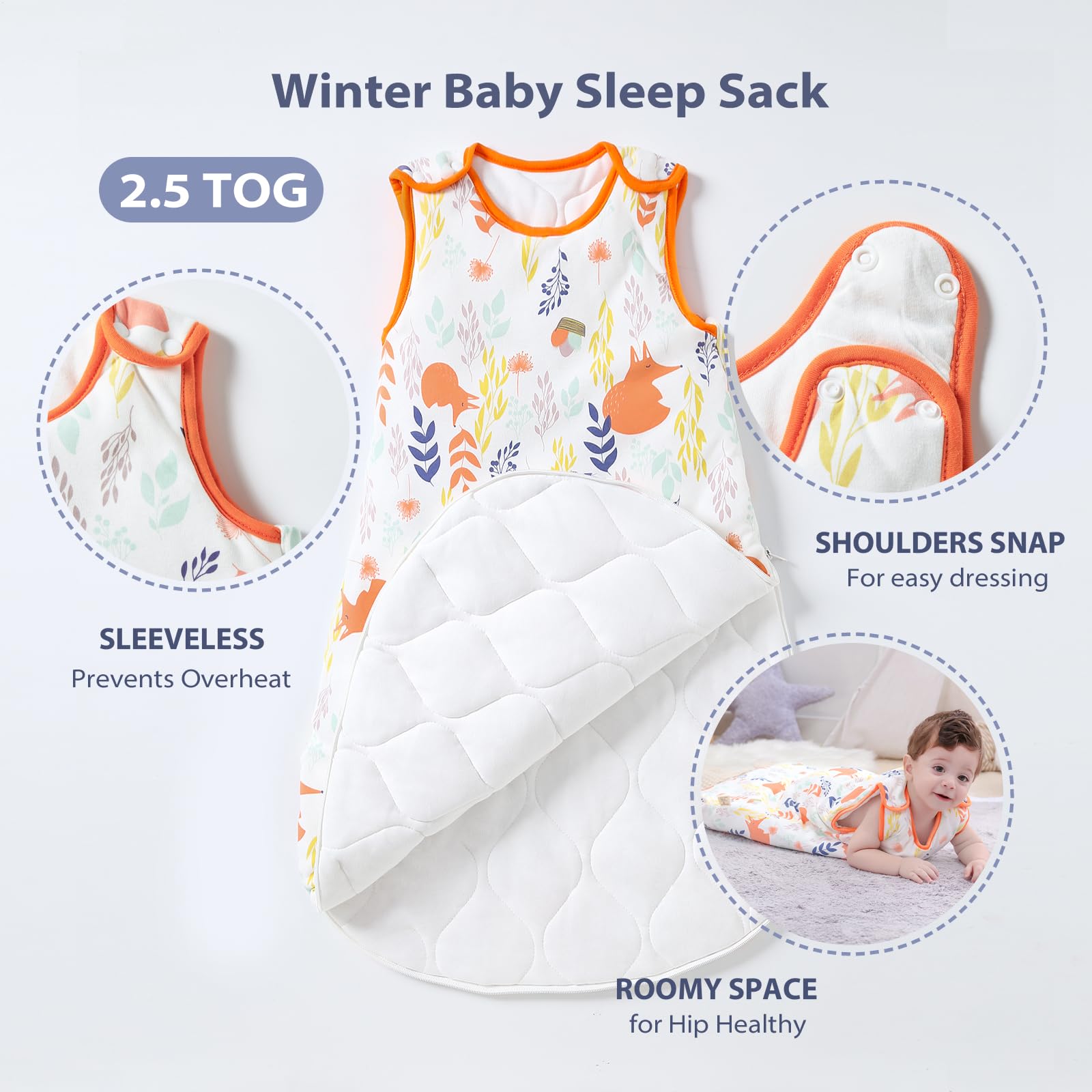 Mosebears Sleep Sack Baby Wearable Blanket with 2-Way Zipper,2.5 TOG Cotton Sleep Sack Unisex (Red Fox, 18-24 Months)