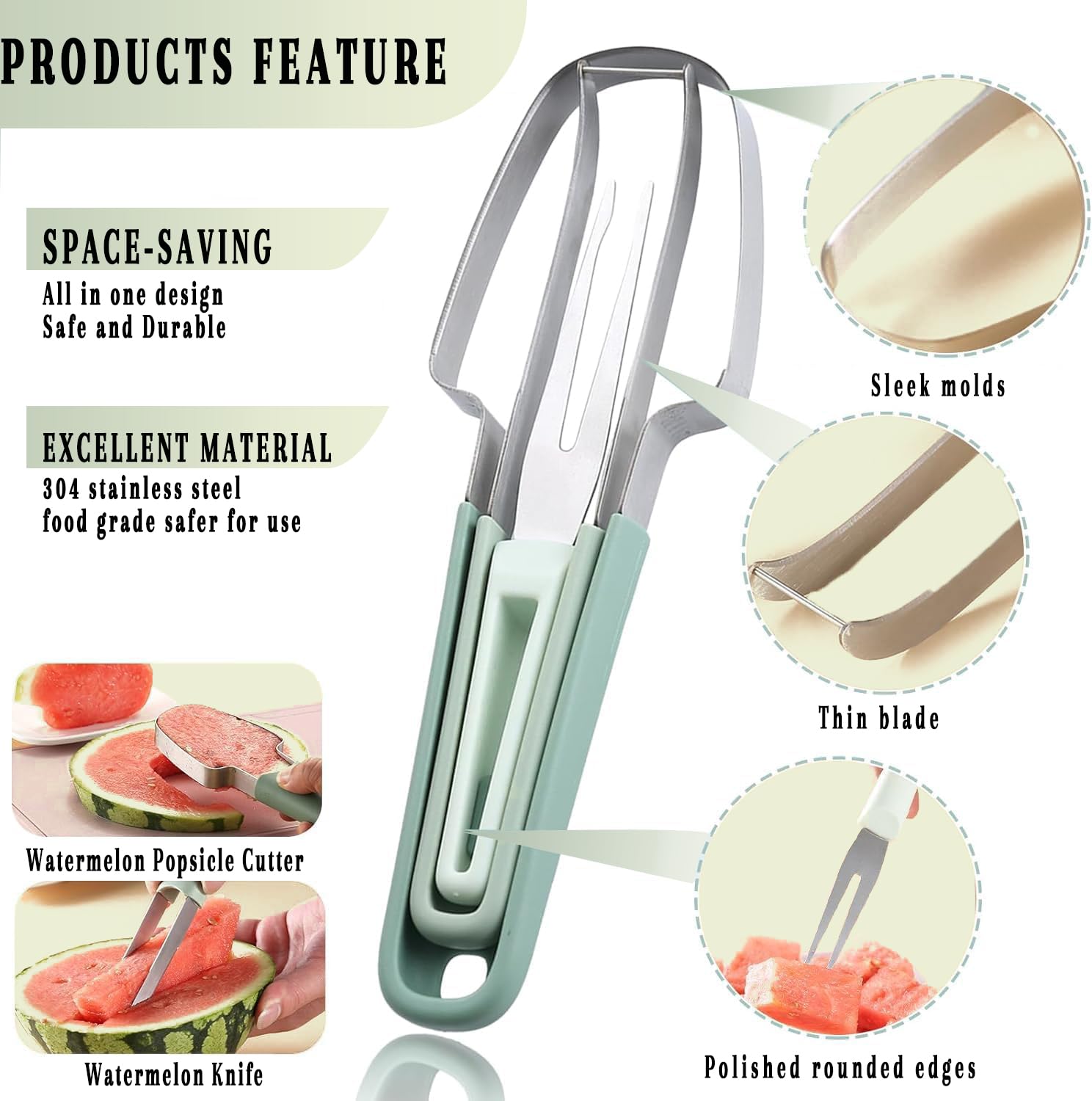 3-in-1Watermelon Cutter Slicer,Watermelon Cutter Slicer Tool,Stainless Steel Watermelon Slicer Cutter,Portable Fruit Cutter Set for Home,for Camping, Encourages Kids' Hands-On Skills,1pcs.