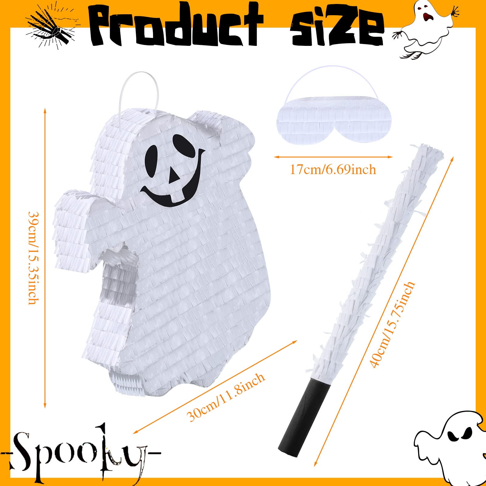 Halloween Ghost Piñata Spooky White Ghost Piñata with Stick and Blindfold Halloween Hanging Decoration Mexican Piñata for Kids Birthday Game Halloween Party Supplies