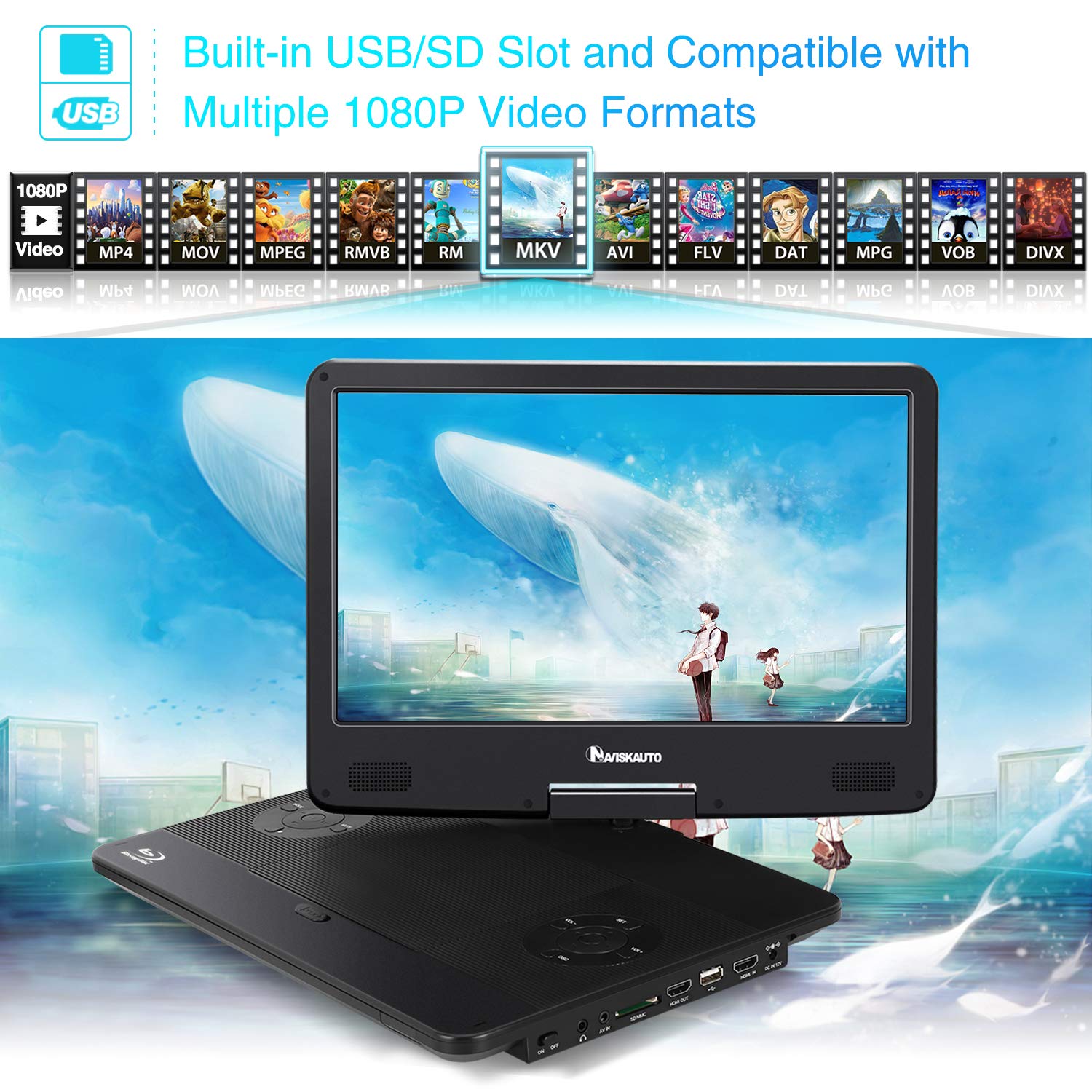 14 Inch Portable Blu-Ray DVD Player for Car Full HD 1080P with HDMI Output and Input, Dolby Audio, 3-Hour Rechargeable Battery, AUX Cable, Support USB and SD