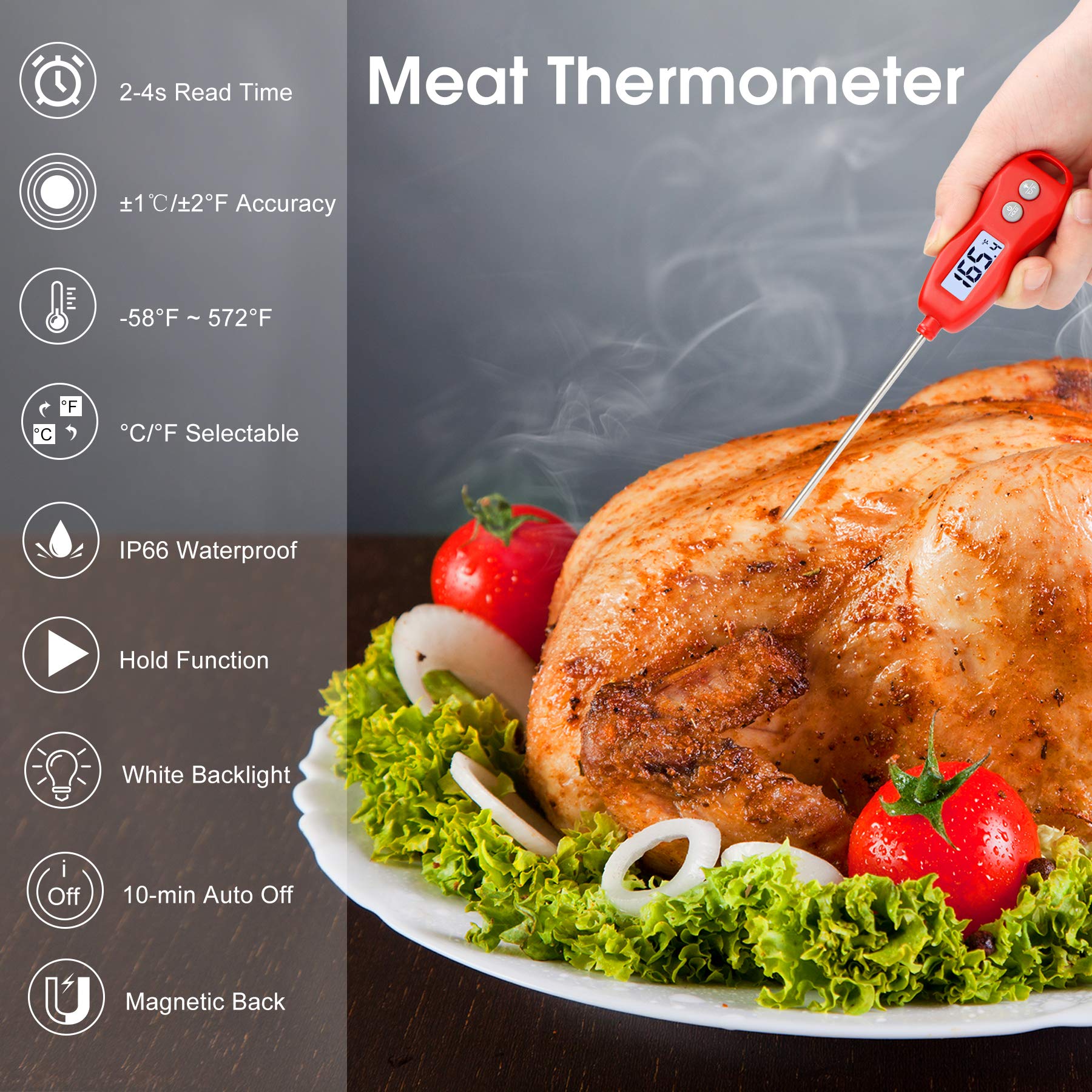 2 Pack Instant Read Digital Meat Thermometer - AIMILAR AY6001-R2 Magnetic Waterproof Food Cooking Thermometer with Backlight for Kitchen Oven BBQ Grill Smoker Turkey Candy Water