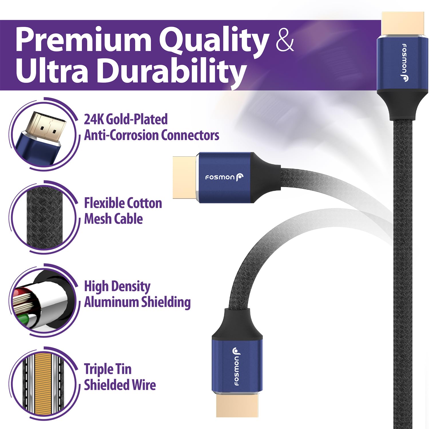 Fosmon HDMI 2.0 Cable 4K@60Hz 10ft, Premium Certified in-Wall CL3 Rated, 18Gbps Super High Speed, HDR, HDCP 2.2/1.4, 3D, ARC, 30AWG Cotton Braided Compatible with UHD TV, Monitor, Console