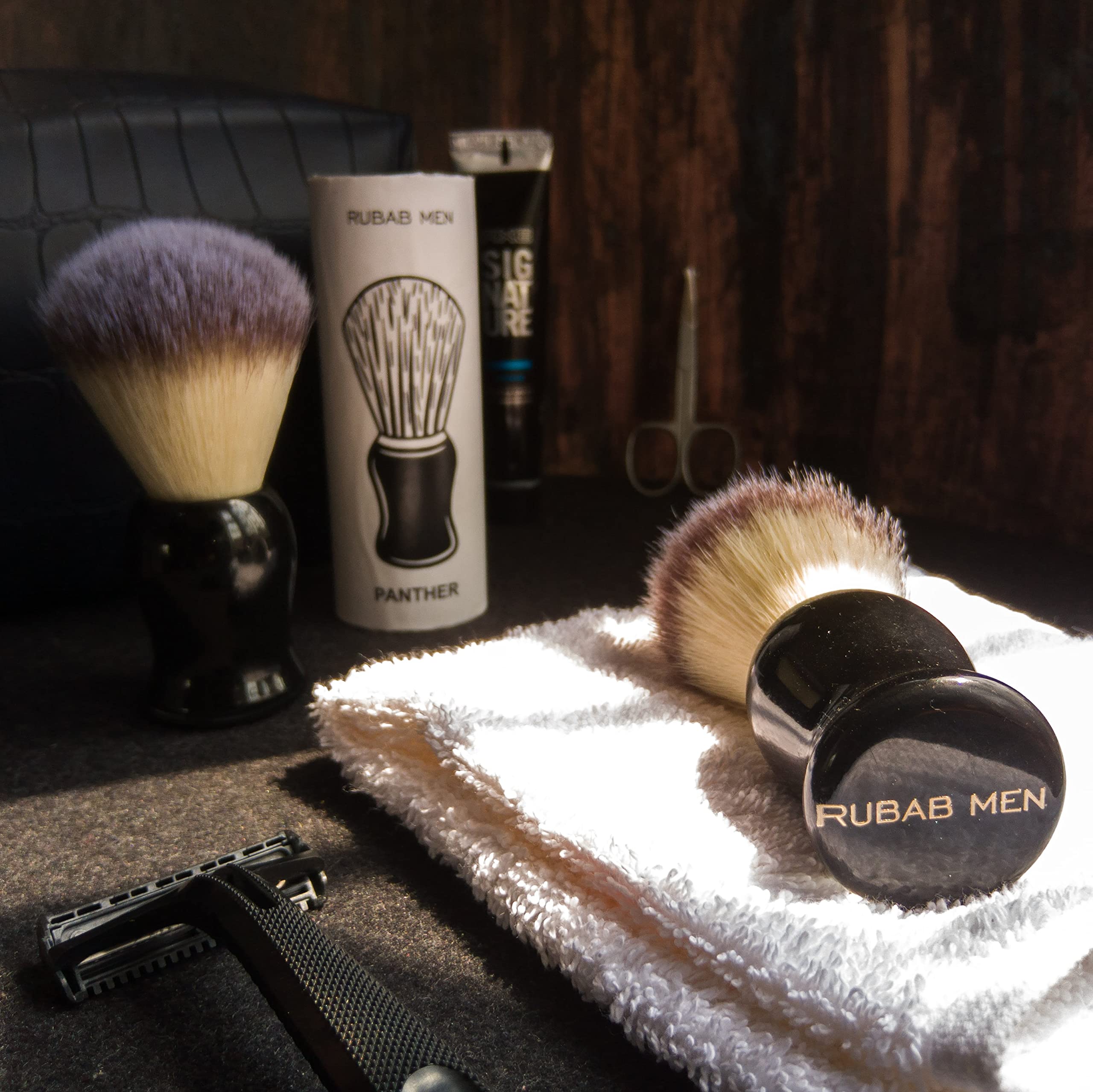 RUBAB MEN Premium Shaving Brush for Men Made with Cruelty-Free Soft Bristles |Panther Edition| Experience Luxury Wet Shave | Boosting an Elegant Black-Toned Handle Handcrafted by Master Craftsman