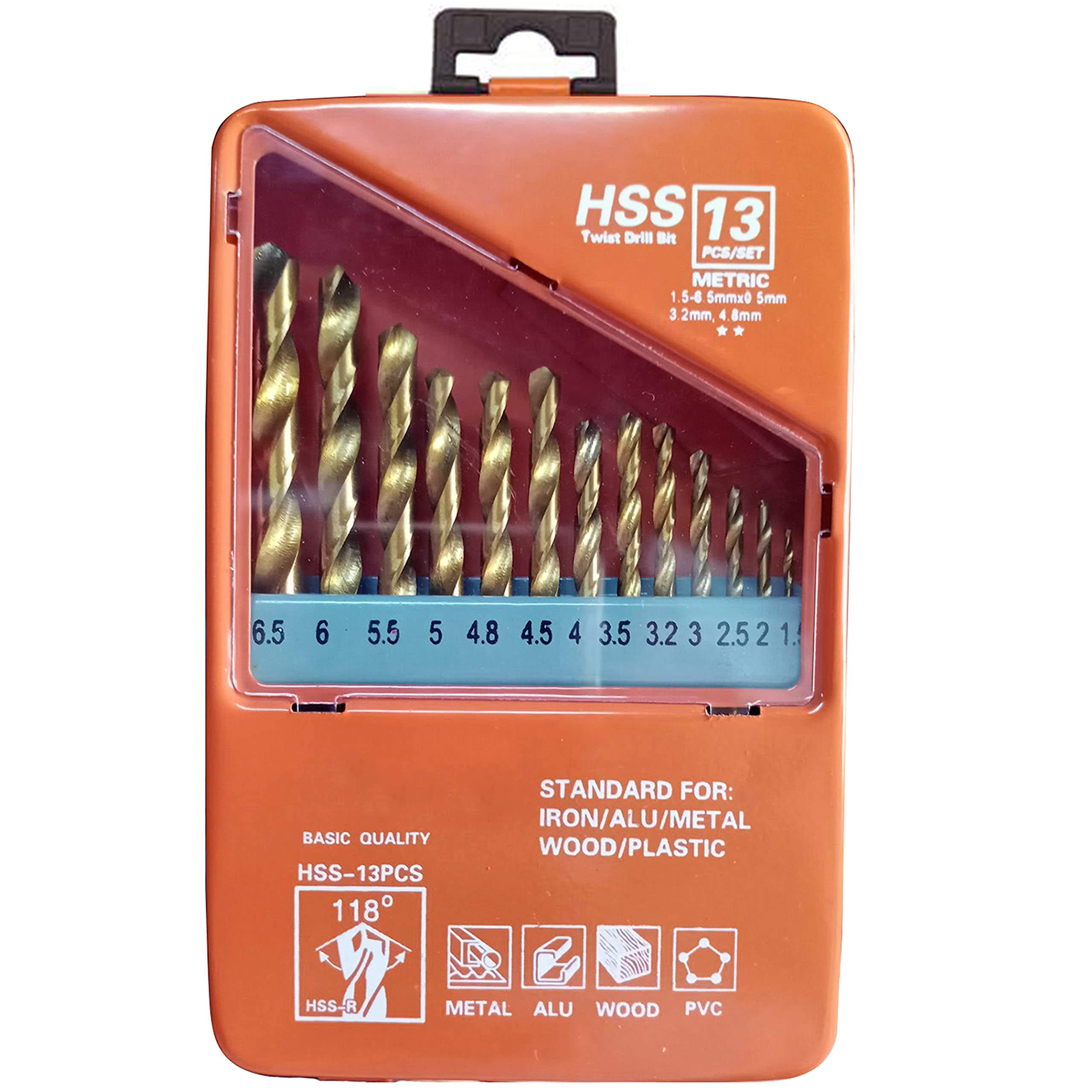 KEWAYO 13-Piece HSS Twist Drill Bit Set - Titanium Nitride Coated High Speed Steel, 1.5 to 6.5mm, Jobber Length for Metal, Cast Iron, Wood, Plastic - Complete with Metal Storage Case
