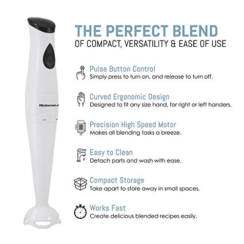 Americana Collection Elite EHB-2425X# Electric Immersion Hand Blender, Mixer, Chopper, 1-Touch Control Soups, Sauces, Baby Food, Removable Blending Stick, 150 Watts, White