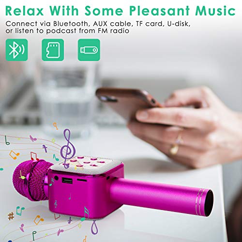 KIDWILL Wireless Bluetooth Karaoke Microphone for Kids, 5-in-1 Portable Handheld Karaoke Mic Speaker Player Recorder with LED Lights for Kids Girls Boys Teens Birthday (1818-Hot Pink)
